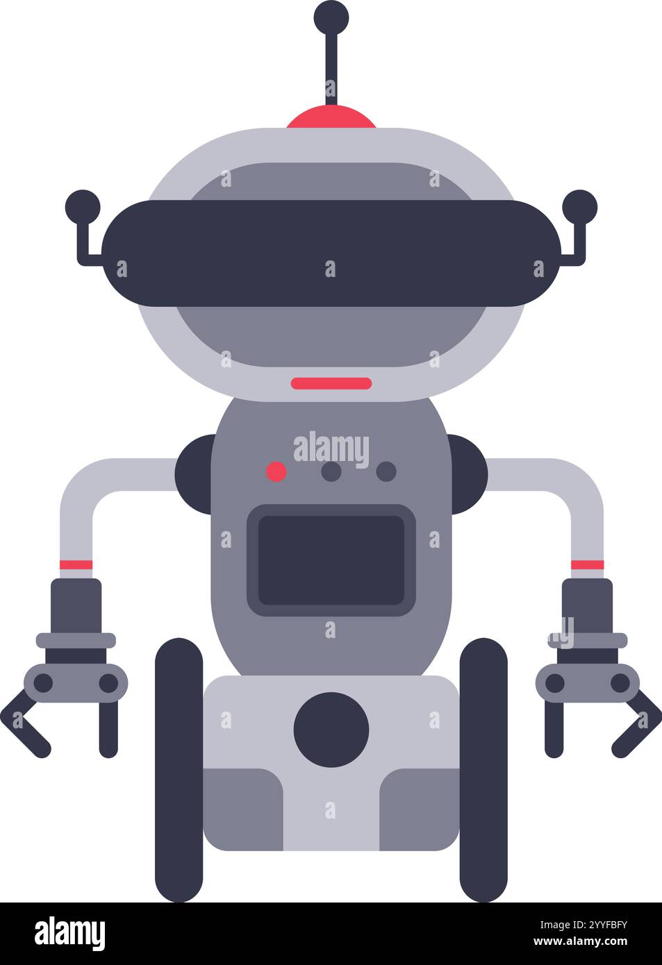 Modern gray robot with wheels, grippers and a screen on its chest is ...