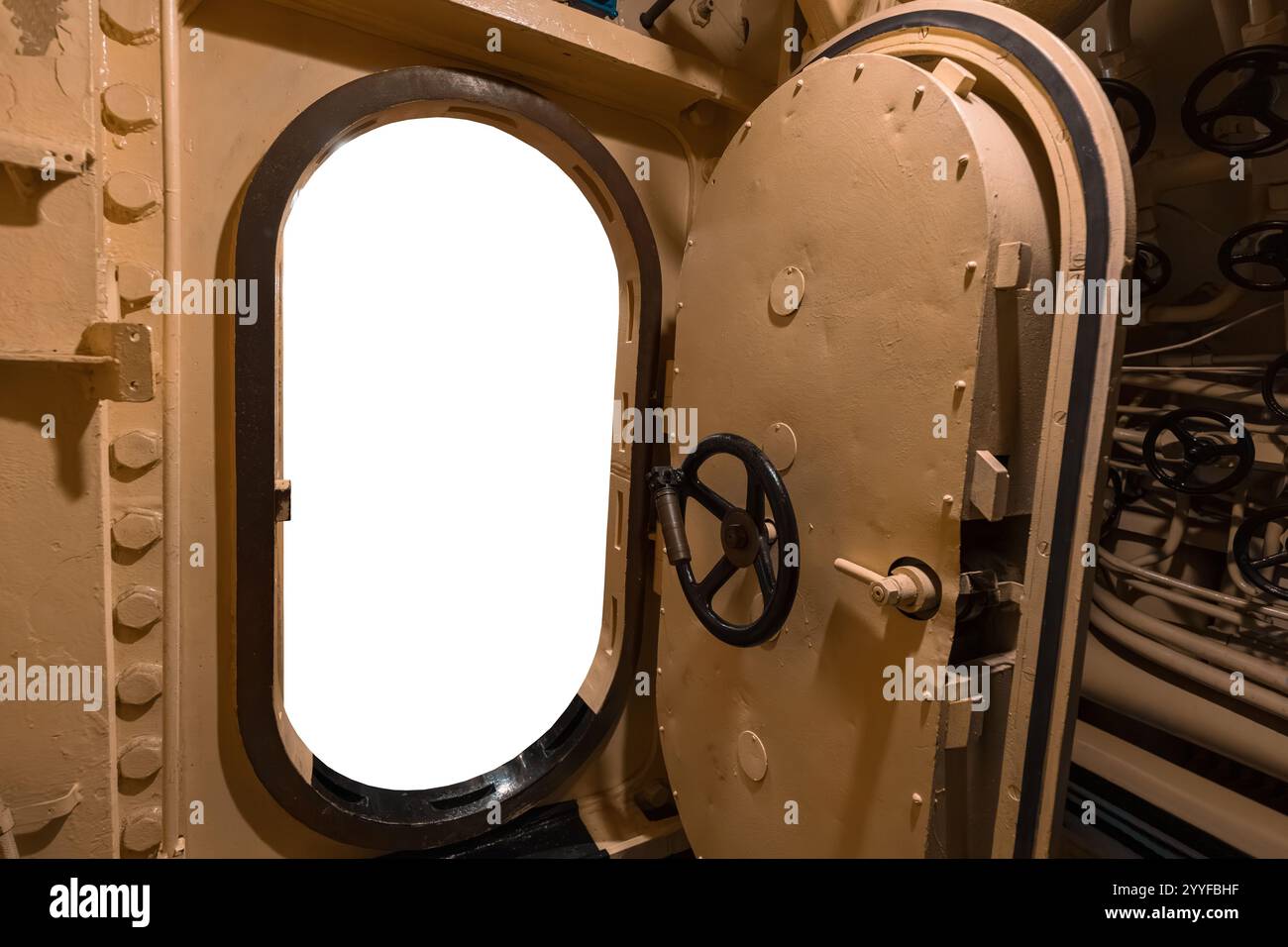 Open hatch door with wheel and locking mechanism, with isolated white space, in an industrial ...