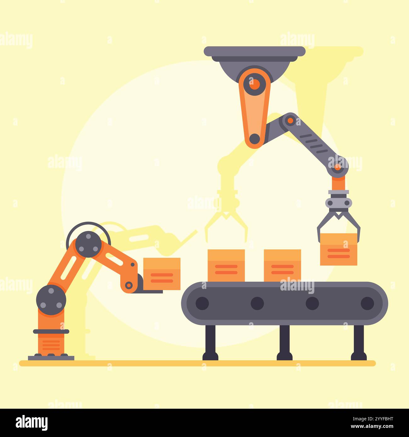 Automated robotic arms lifting and moving boxes on an assembly line ...