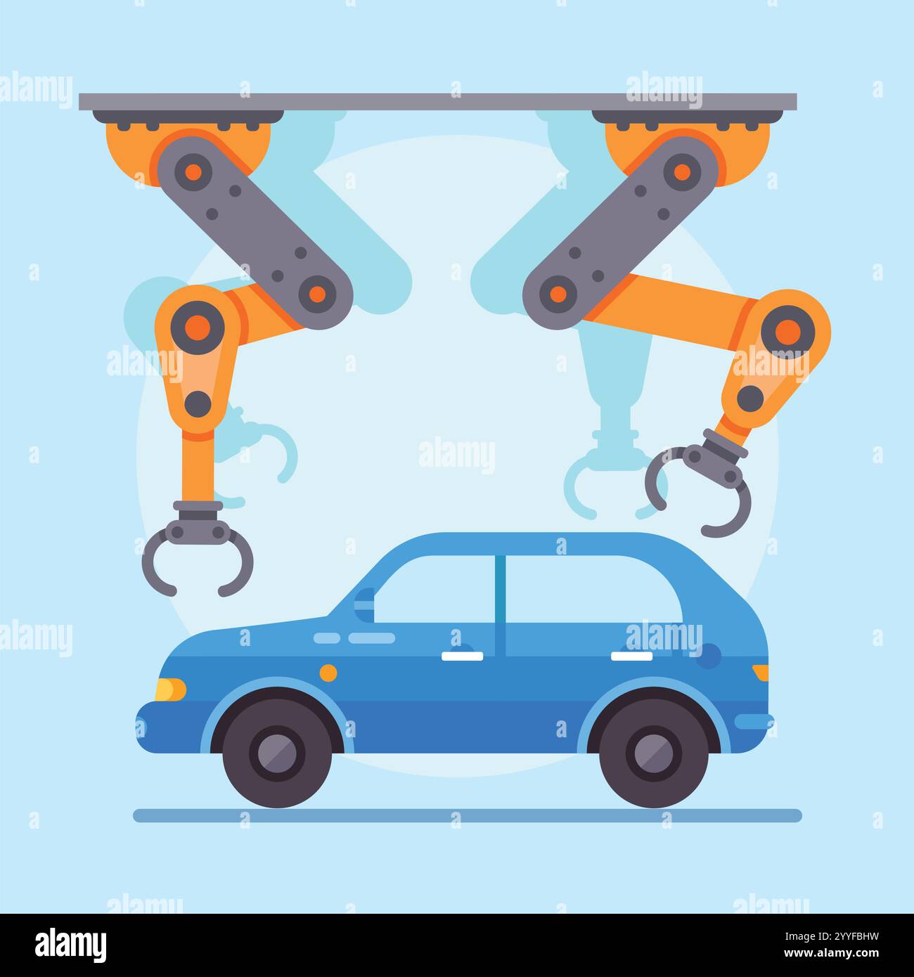 Two robotic arms working meticulously on a blue car within a futuristic ...