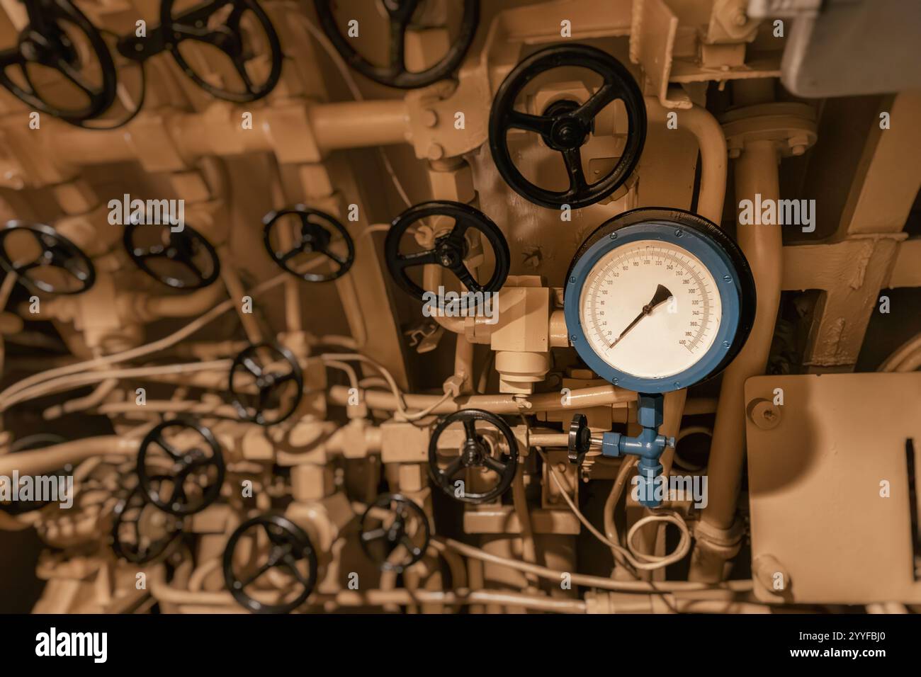 Complex pipeline system with pressure gauge and valves regulating ...