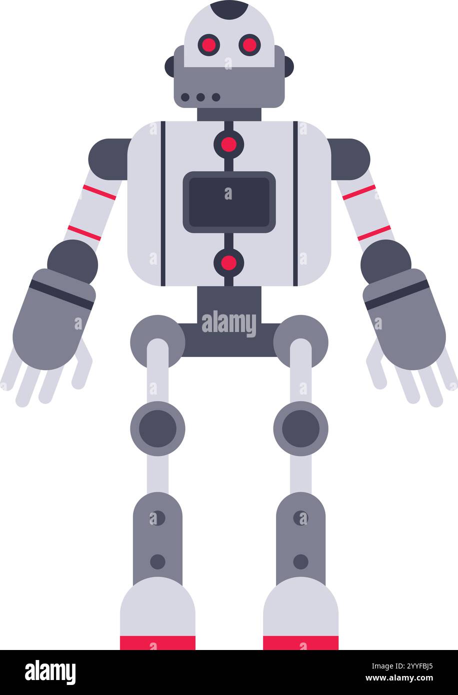 Futuristic robot standing with arms open, red glowing eyes and a screen ...