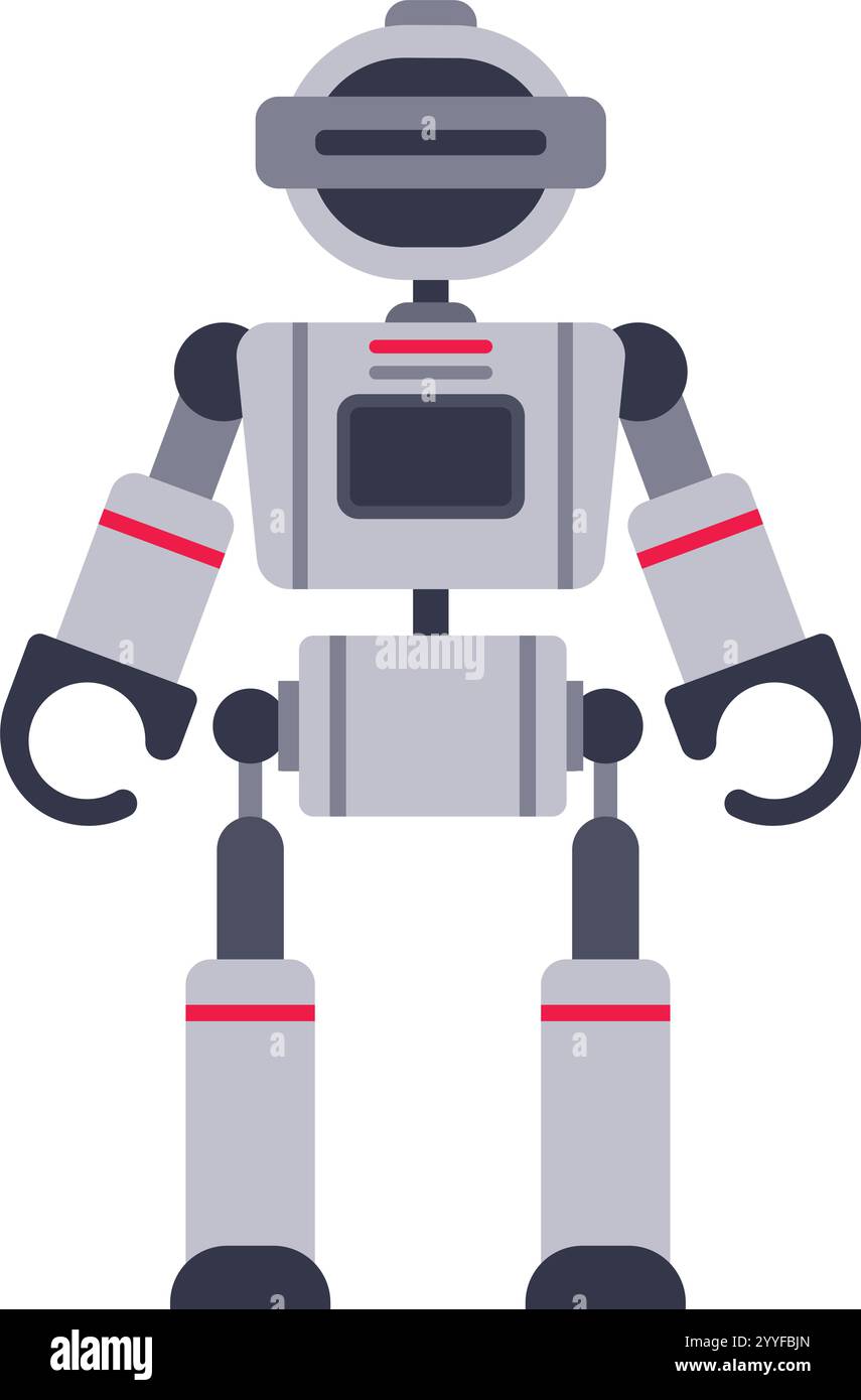 Gray and red robot standing with arms down, featuring a screen on its ...