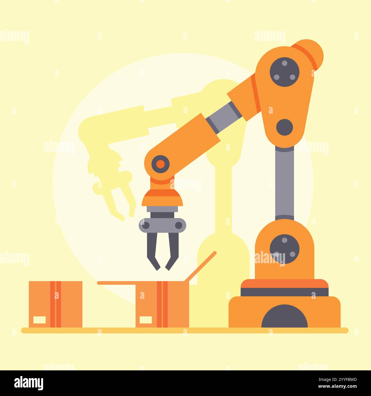 Orange robotic arm packing products into cardboard boxes on an assembly ...