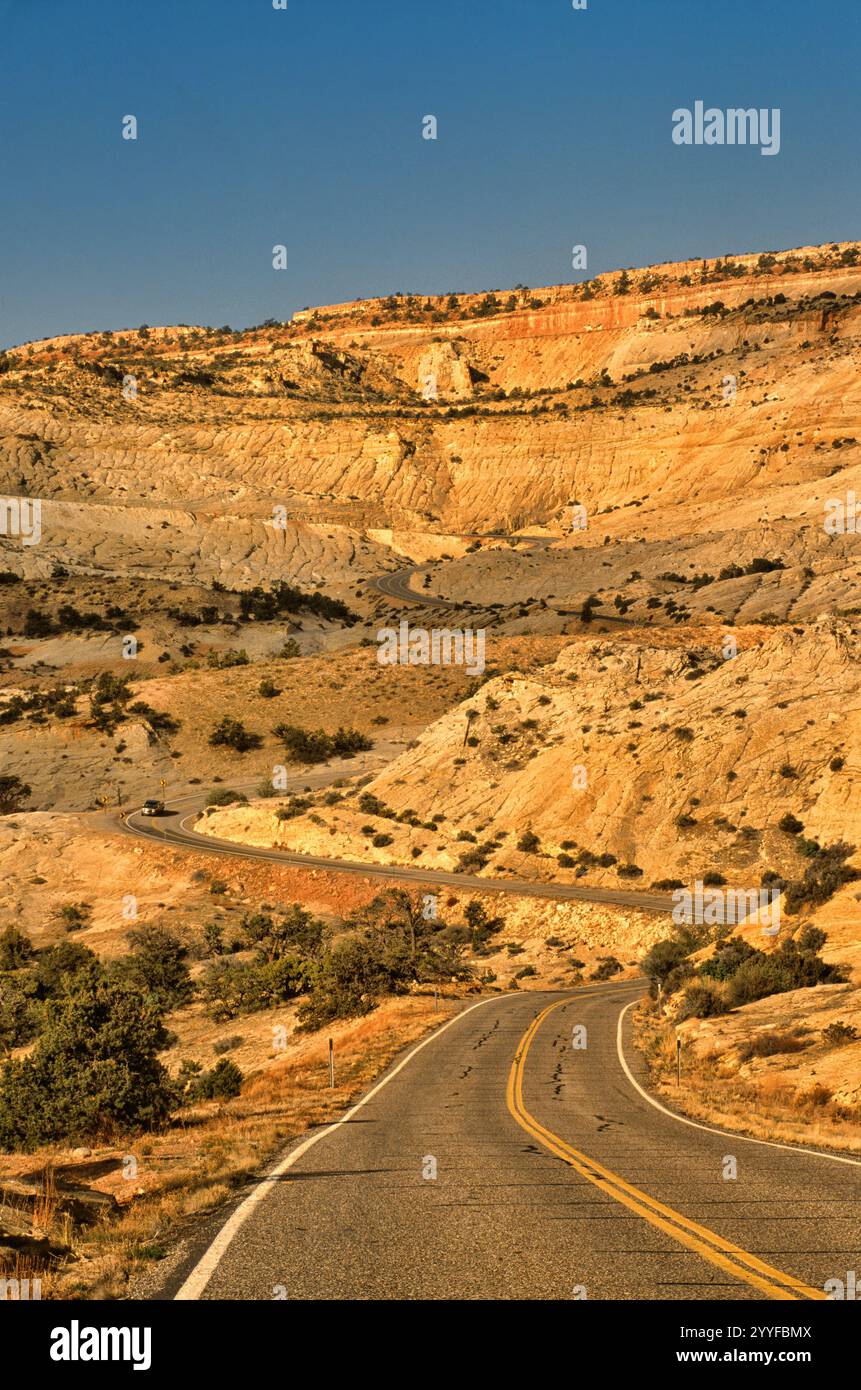 Highway 12 climbing Big Flat plateau, Head of Rocks overlook on top ...