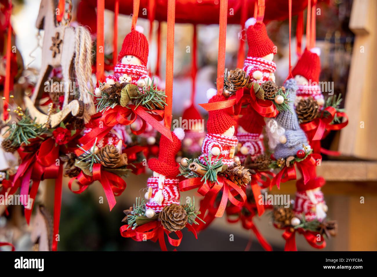 Christmas decorations colorful balls and toys, fir tree branches and ...
