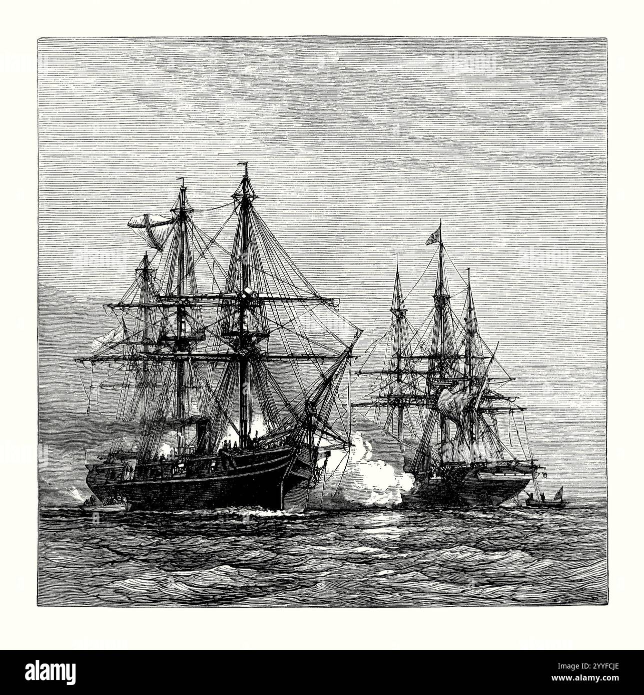 An old engraving of the capture of the troop-carrying Turkish steamship ...
