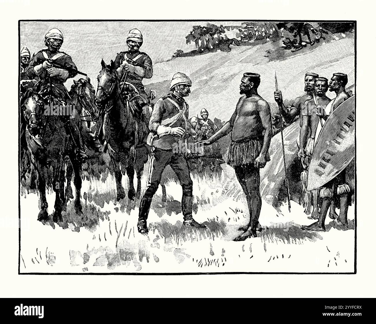 An old engraving of the surrender of Cetewayo to the British at the end ...