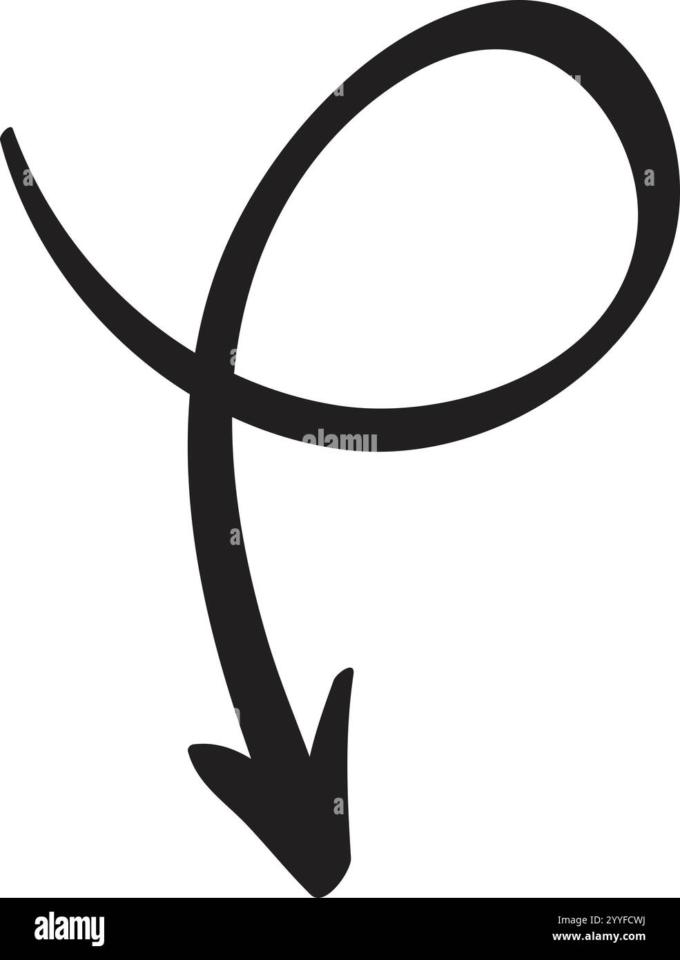 Downward pointing arrow featuring a loop, hand drawn in black ink ...