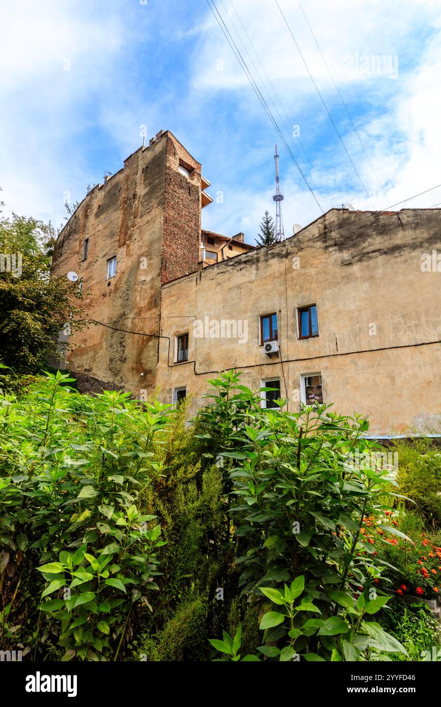 A building with a large chimney and a green bush in front of it. The ...