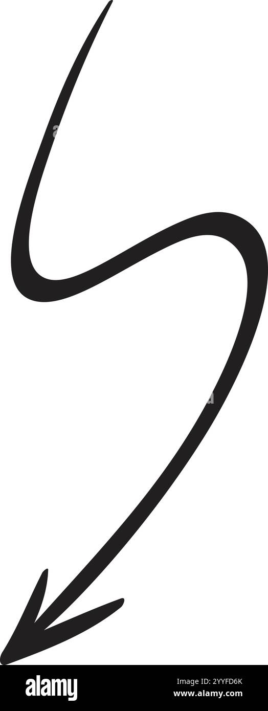 Simple, black, hand drawn arrow curving down and to the left, isolated ...