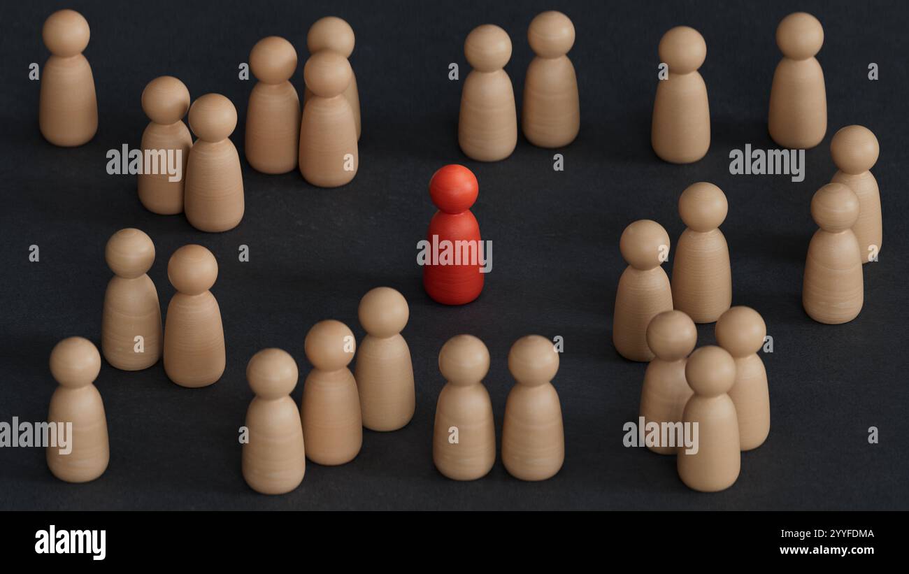 3D illustration of pawns inside a red circle segmented in four parts ...
