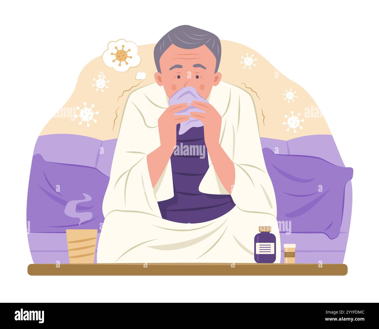 Sick Old Man Blowing His Nose into Handkerchief for Fever Concept ...