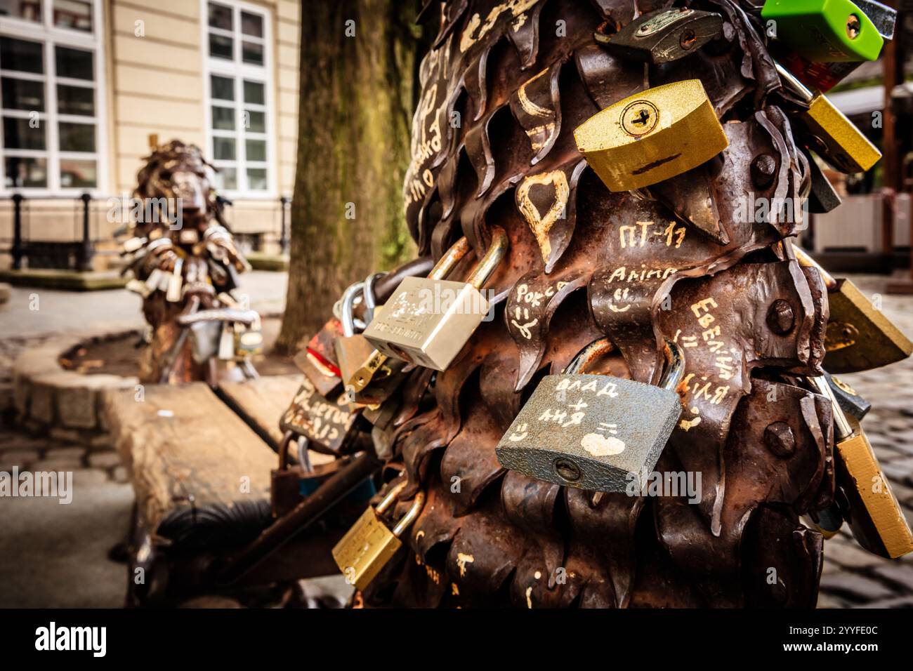 A tree with many locks on it. The locks are labeled with names and ...