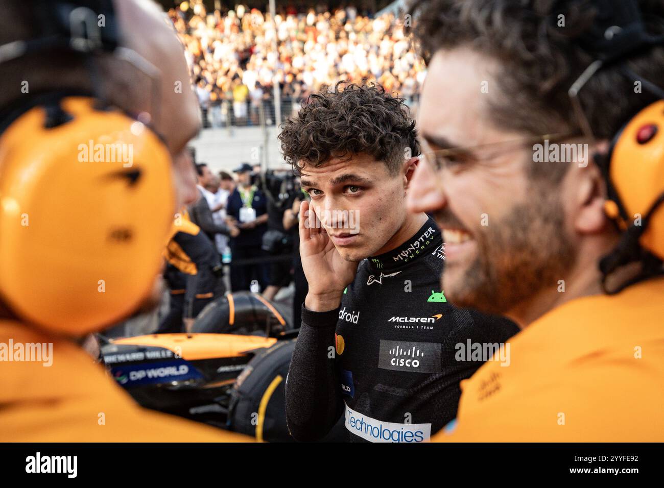 Yas Island, Abu Dhabi. 6-8 December 2024. F1 Abu Dhabi Grand Prix. Lando Norris, Mclaren, on ...