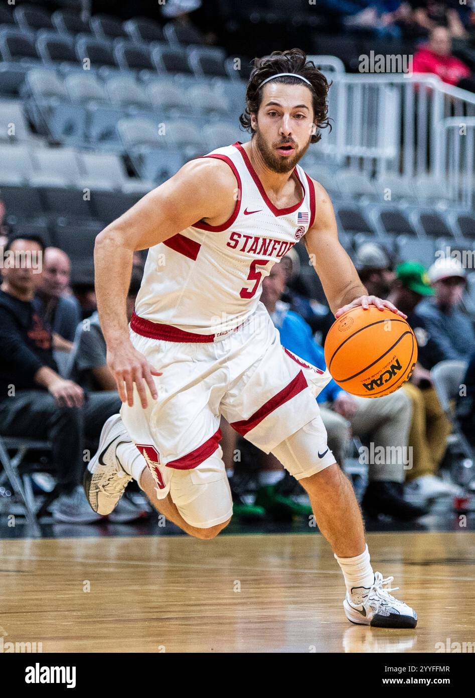 December 21 2024 San Jose, CA U.S.A. Stanford guard Benny Gealer (5)goes to the basket during ...