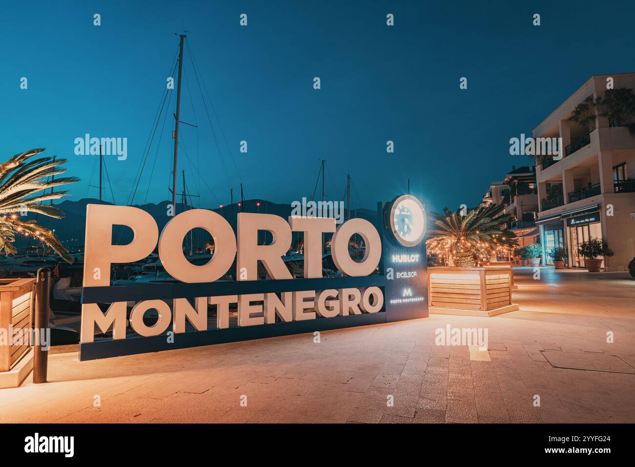 26 October 2024, Tivat, Montenegro: Large illuminated sign of Porto ...