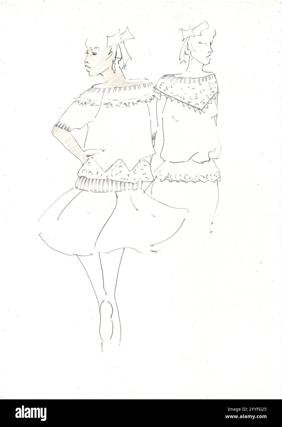 A vintage fashion sketch showing a young women modelling outfits on a ...