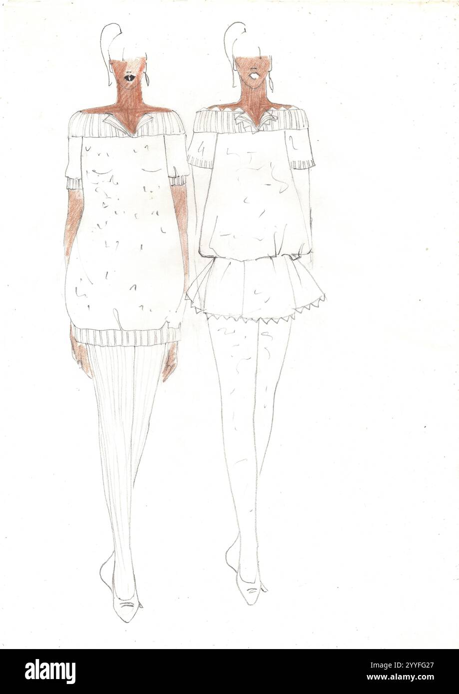 A vintage fashion sketch showing a young women modelling outfits on a ...