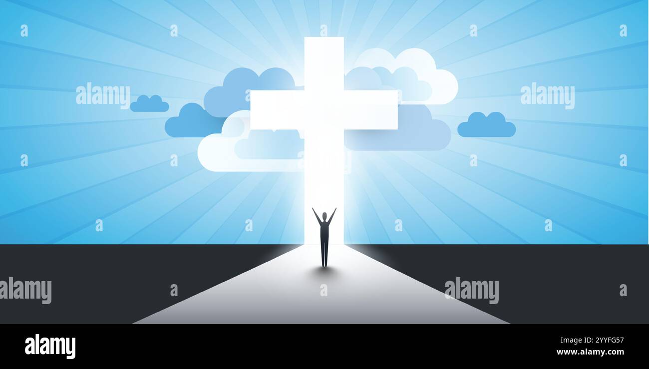 Christian Cross Symbol with Sun Rays, Clouds, Standing Man - Sign of ...