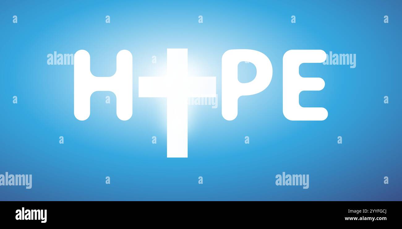 Hope - White Lettering with Christian Cross Symbol and Bright Sun Light ...