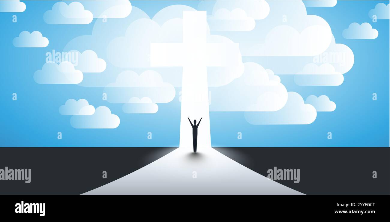 Christian Cross Symbol with Sun Rays, Clouds, Standing Man - Sign of Crucifix, Easter, Purity ...
