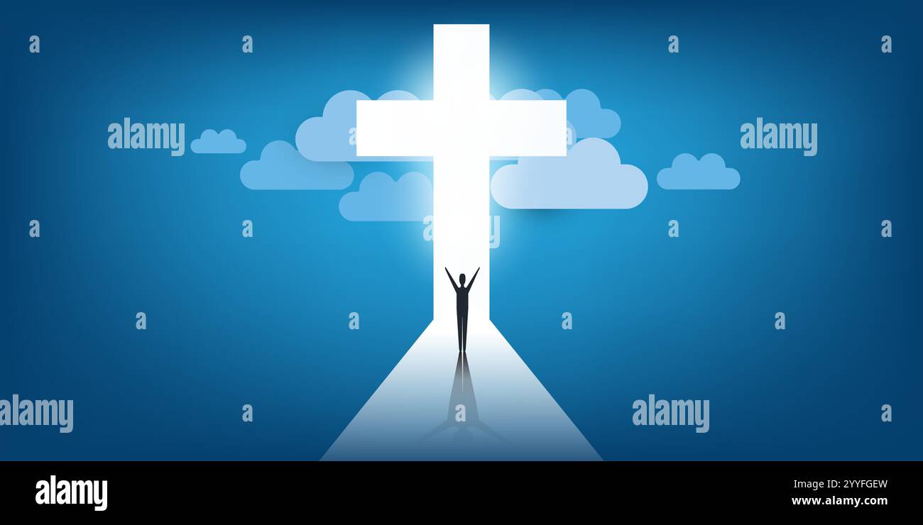 Big Bright Christian Cross Symbol with Sky, Clouds, Standing Man on the Road - Sign of Crucifix ...