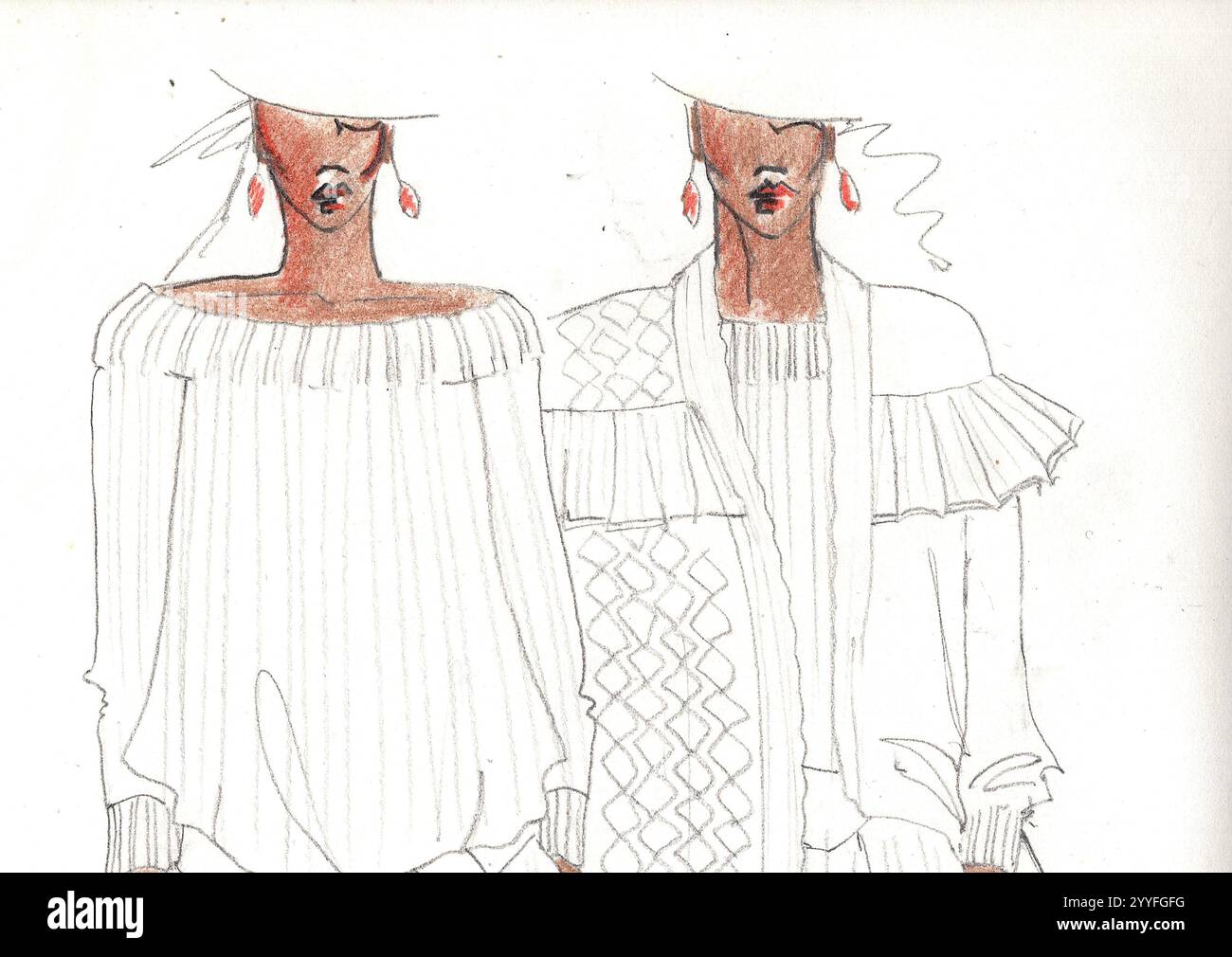 A vintage fashion sketch showing young women modelling tops on a white ...