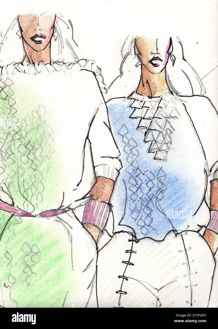 A vintage fashion sketch showing young women modelling tops on a white ...