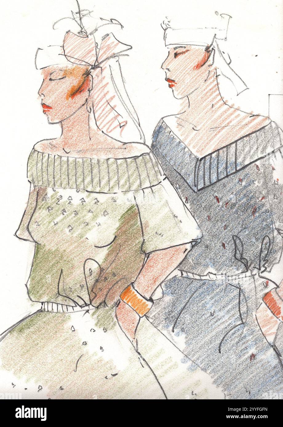 A vintage fashion sketch showing young women modelling tops on a white ...