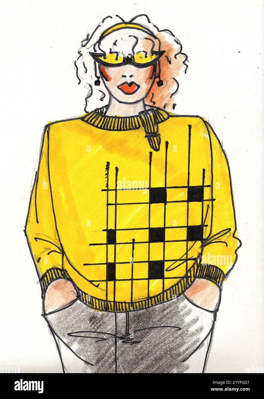 A vintage fashion sketch showing young women modelling tops on a white ...