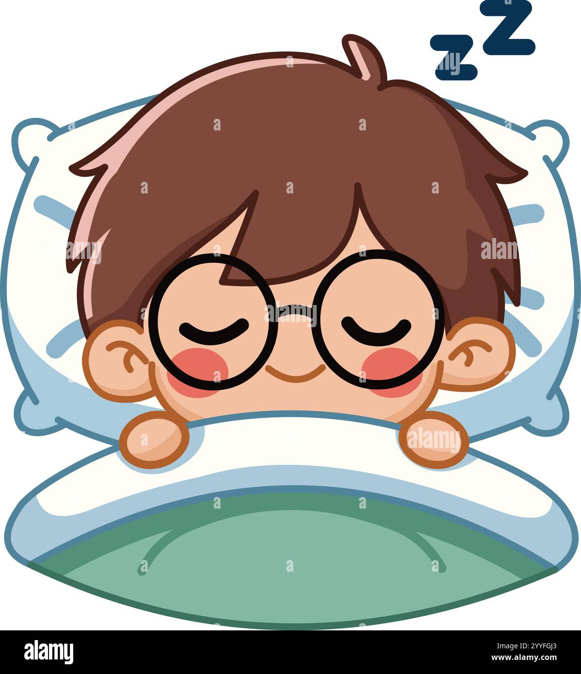 cartoon boy with glasses sleeps peacefully, snuggled under a blanket ...