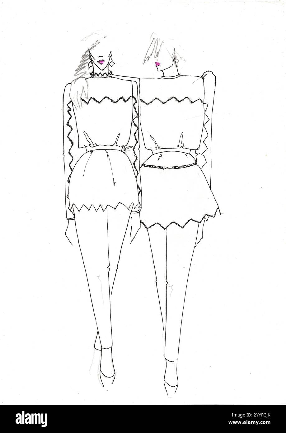 A vintage fashion sketch showing a young women modelling party wear on ...