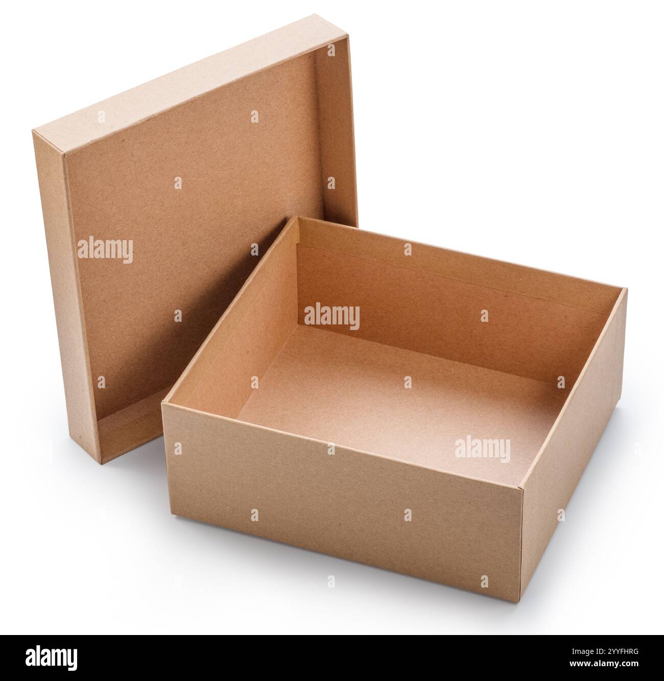 Open empty cardboard gift box and lid near it isolated on white ...