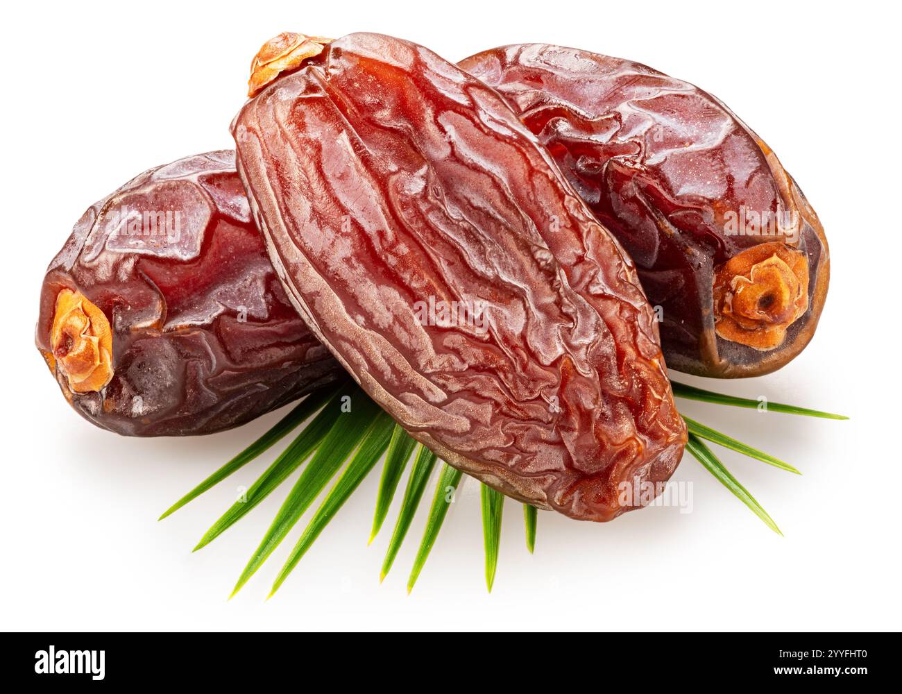 Semi-dried dates or date palm fruits lie on palm leaves isolated on ...