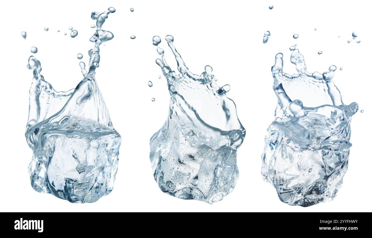 Water splash around ice cubes, freshness and cooling concept. Three cubes with water splash on ...