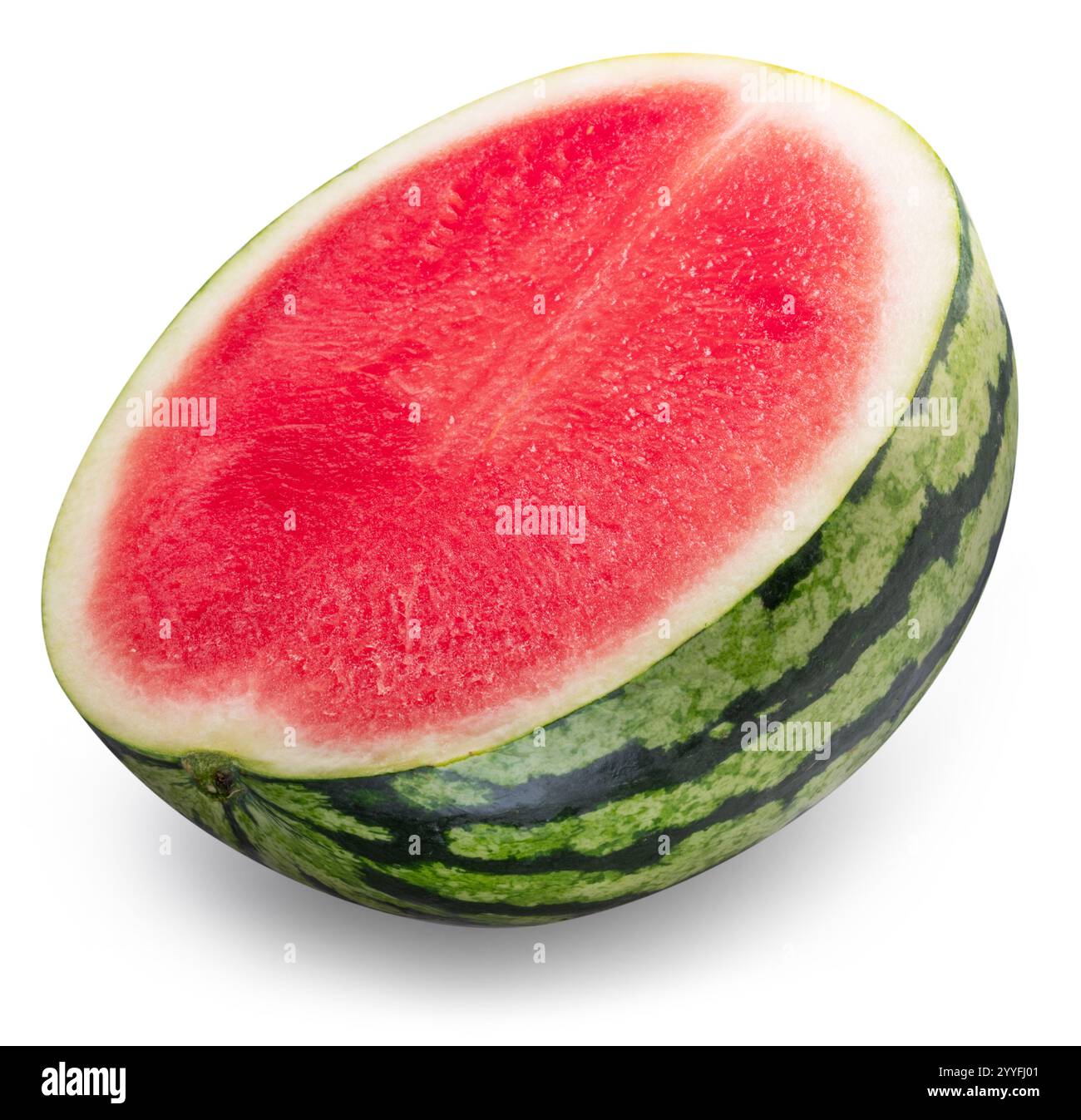 Round striped watermelon without seeds cut in half isolated on white ...