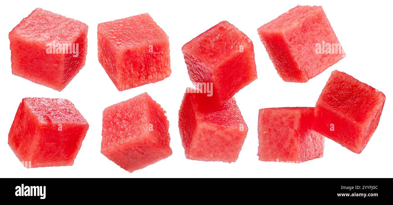Set of watermelon cubes isolated on white background. File contains ...