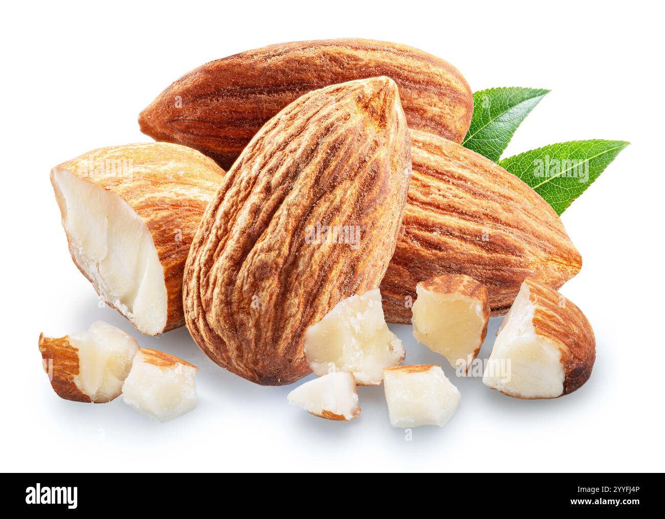 Almond nuts and split almond isolated on white background. File ...