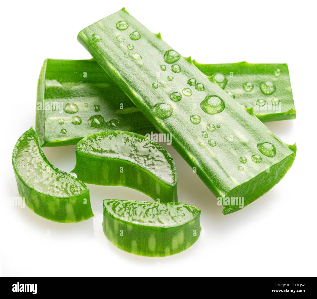 Fresh cuts of aloe Vera leaf covered with water drops isolated on white ...