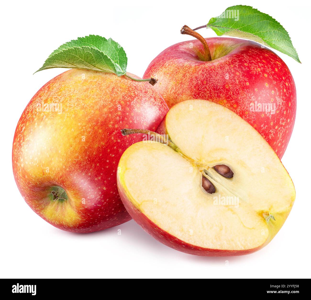Ripe red apples with yellow spots and apple slice on white background ...