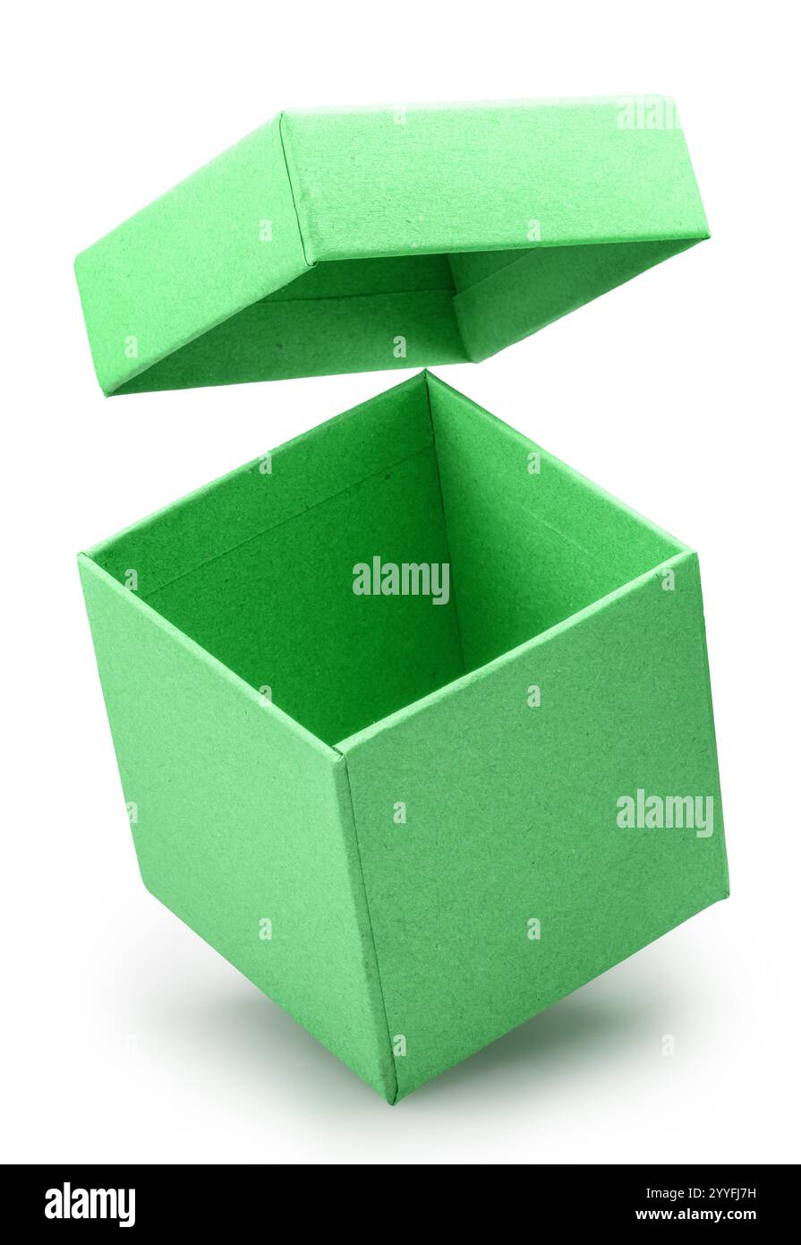 Open empty green gift box and lid floating above a box isolated on ...