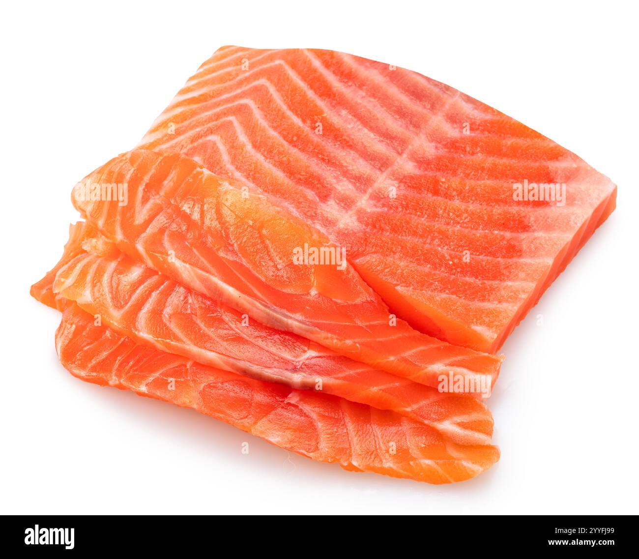 Salmon fillet slices and cut of salmon isolated on white background ...