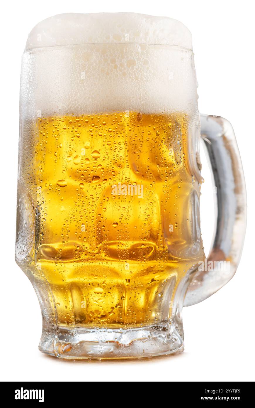 Glass of lager beer whis beer foam and water drops isolated on a white ...