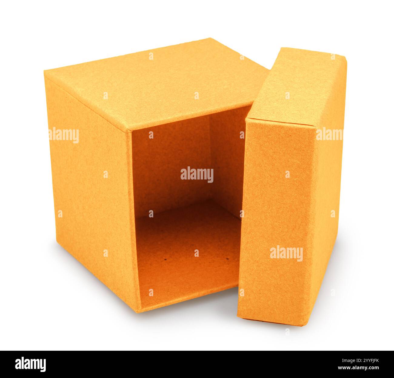 Open empty yellow cardboard box lays on its side isolated on white ...