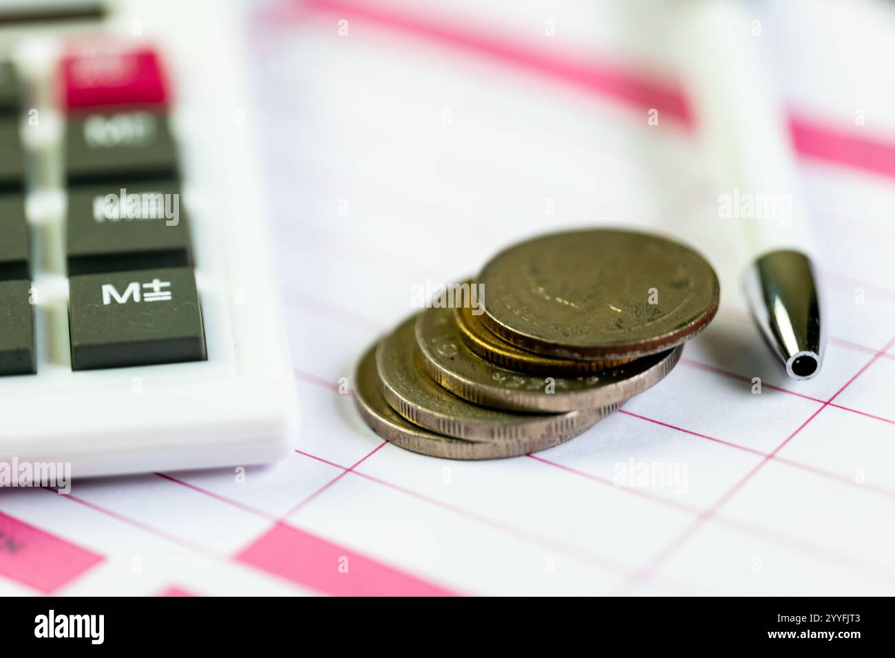 Coins, calculator, and pen on a ledger. Budgeting and financial ...