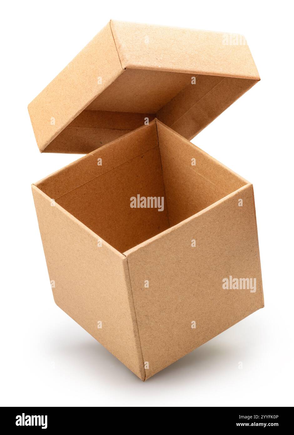 Open empty brown gift box and lid floating above a box isolated on ...