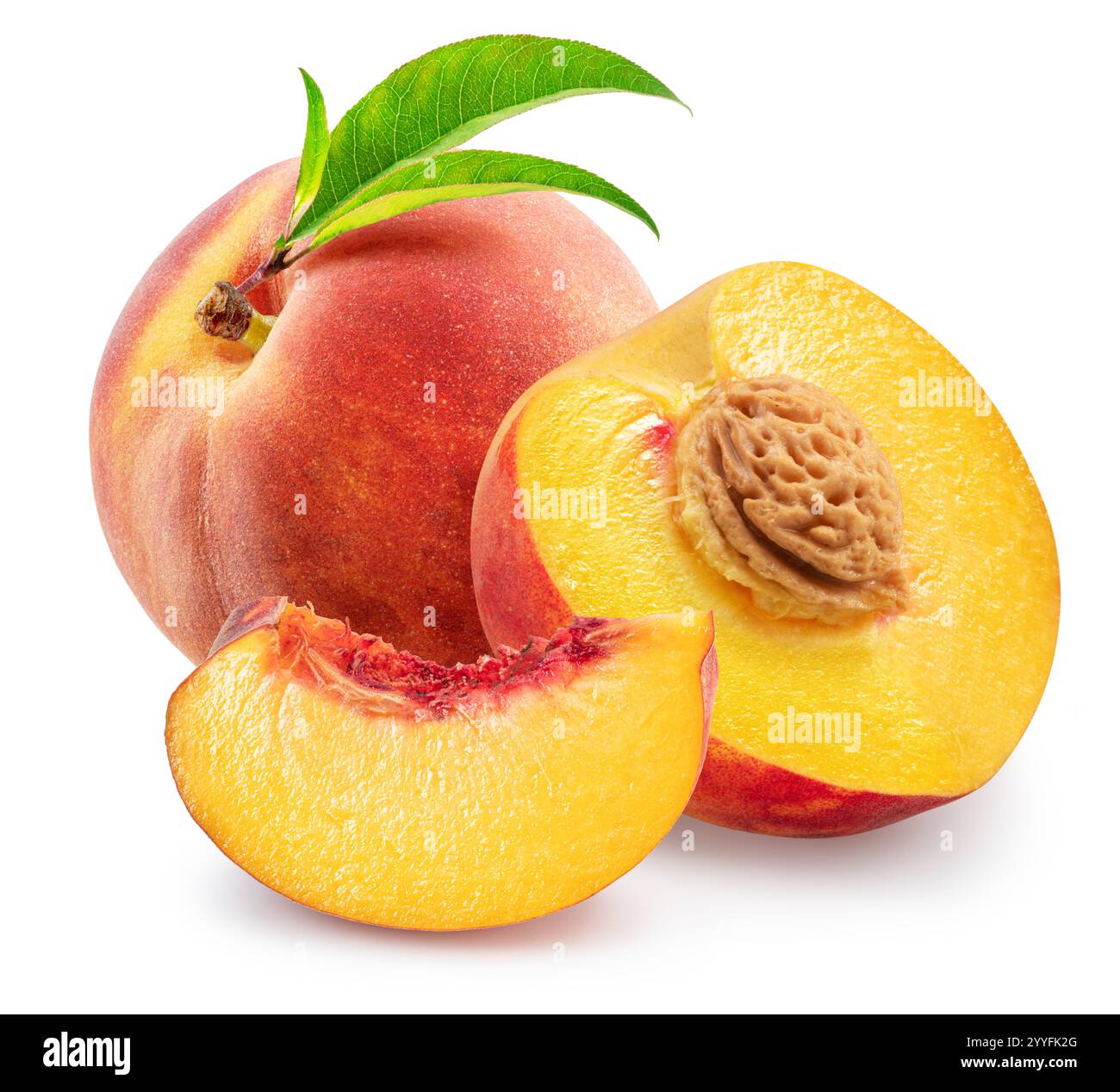 Ripe red peach with juicy peach slices and green leaf isolated on white ...