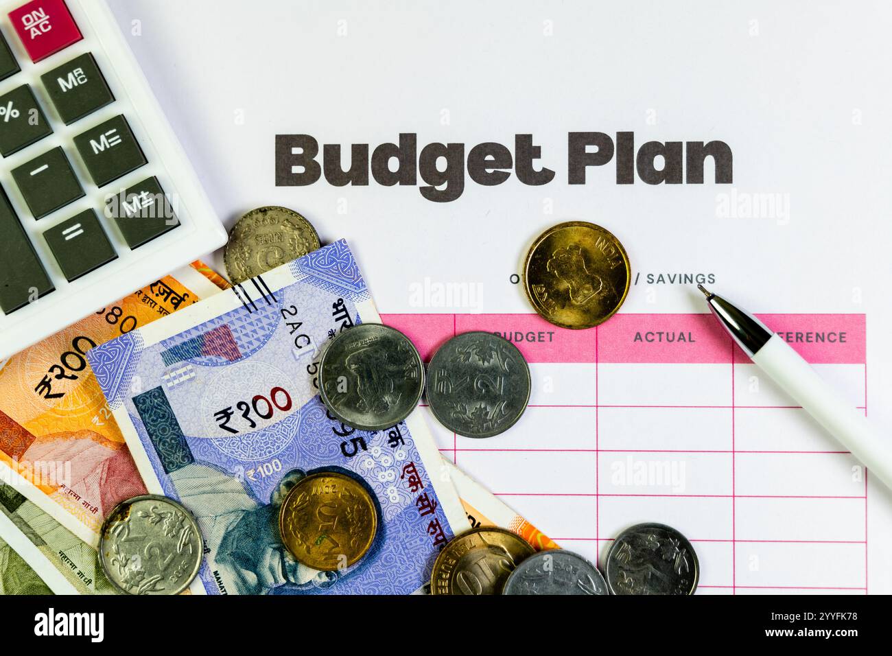 Indian rupees, calculator, and pen on a budget plan sheet. Track ...