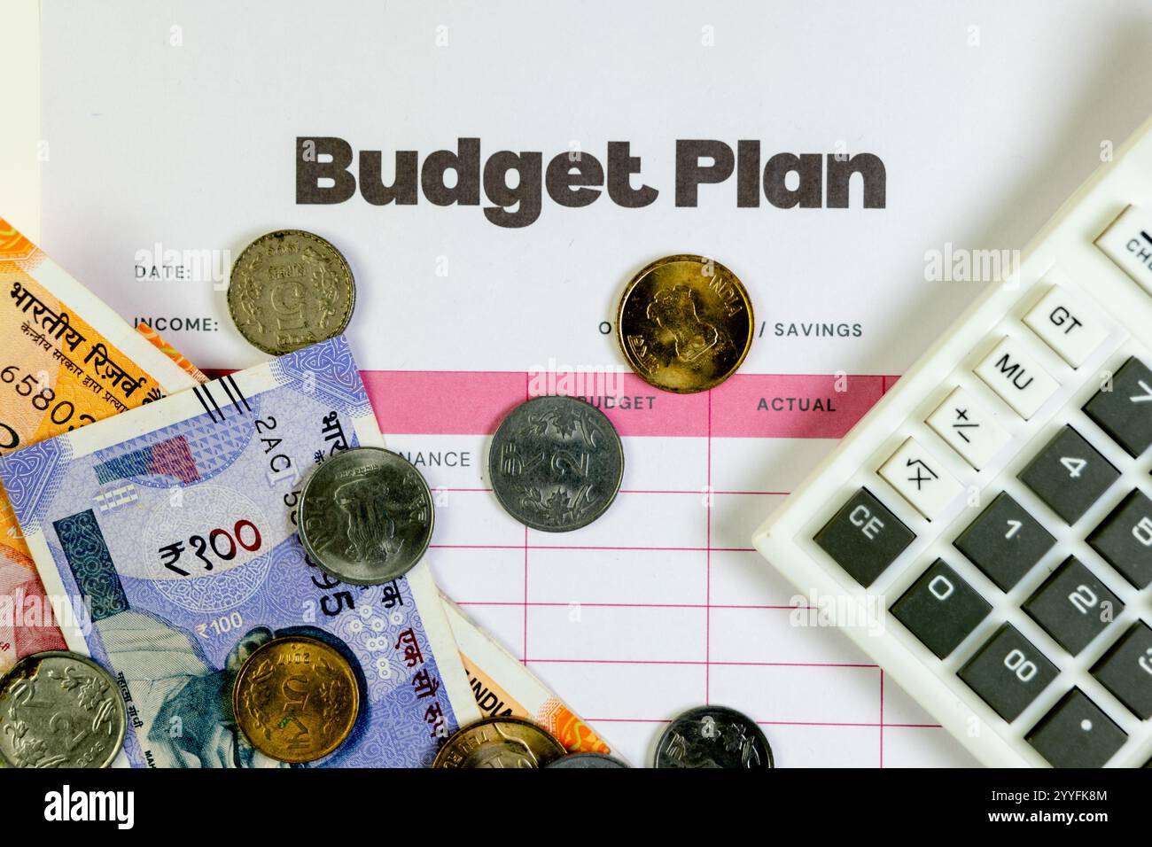 Indian rupees, coins, and calculator on a budget plan sheet. Financial ...